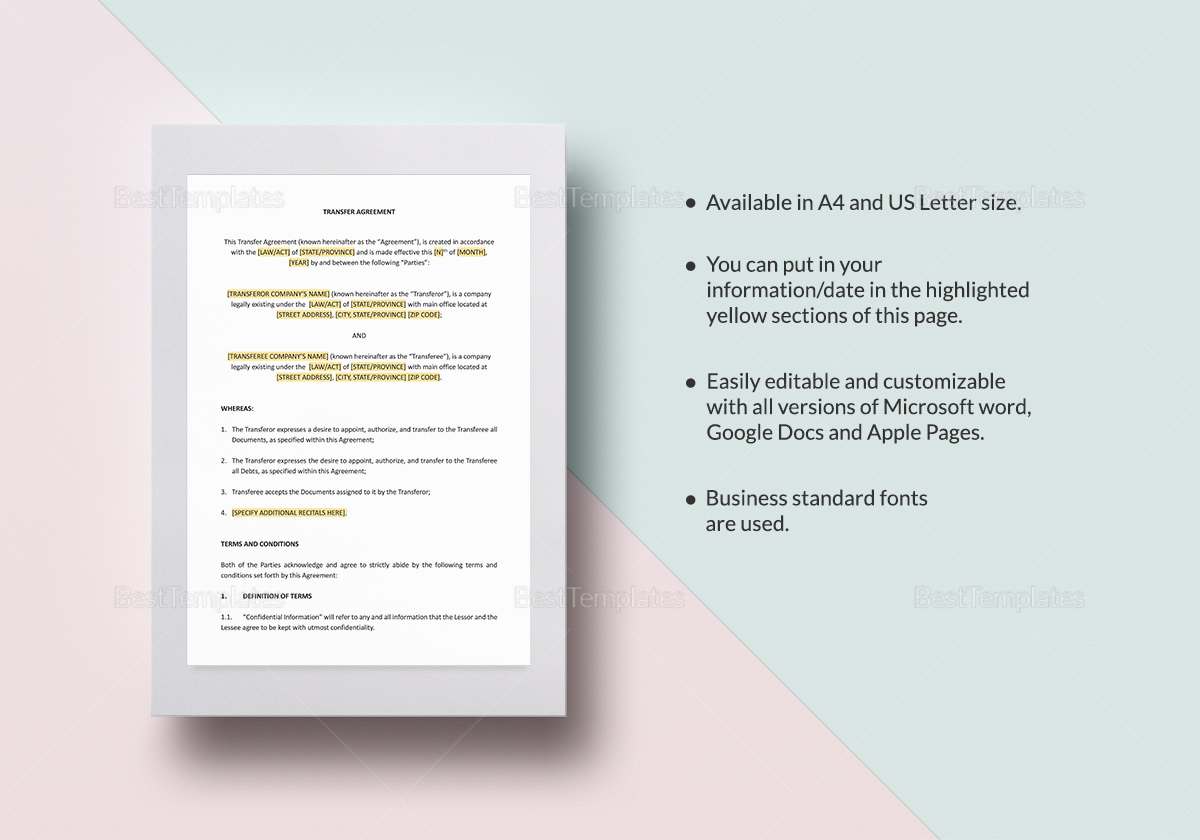 Agreement of Transfer Template in Word, Google Docs, Apple Pages
