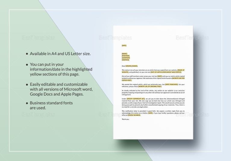 Notice of Infringement of Copyrighted Work Template in Word, Google ...