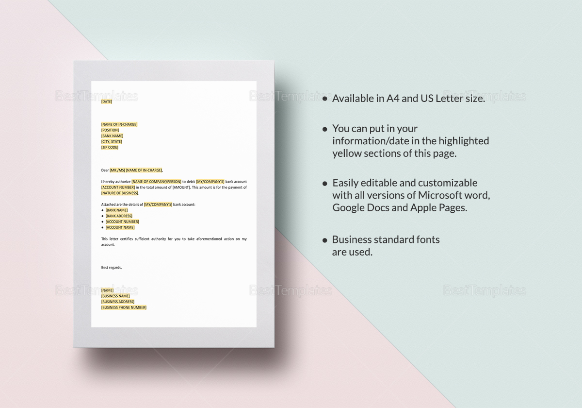 Authorization to Debit Account Template in Word, Google Docs, Apple Page