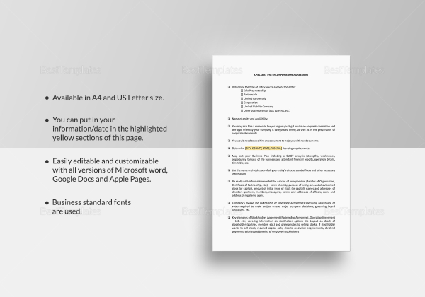 Checklist Pre-Incorporation Agreement Template in Word, Google Docs ...