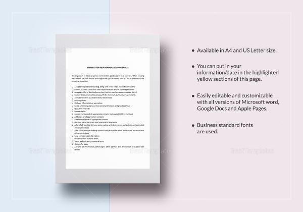 Checklist Vendor and Supplier File Template in Word, Google Docs, Apple ...