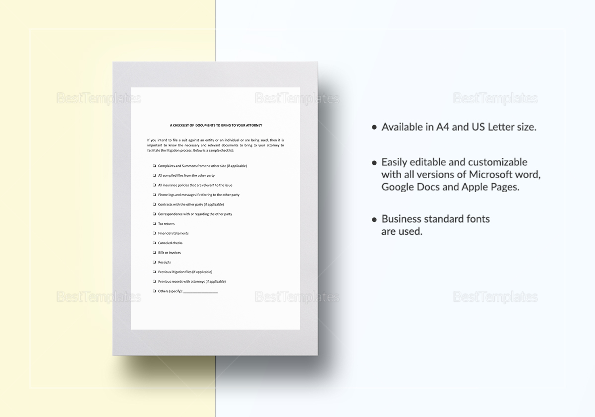 Checklist Documents to Bring to Your Attorney Template in Word, Google ...