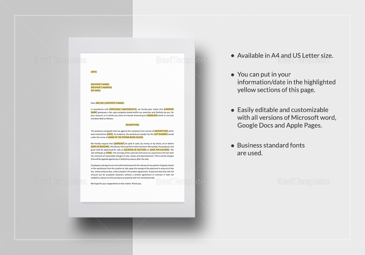 Notice of Intent to Exercise Warehouse Lien by Auction Template in Word ...