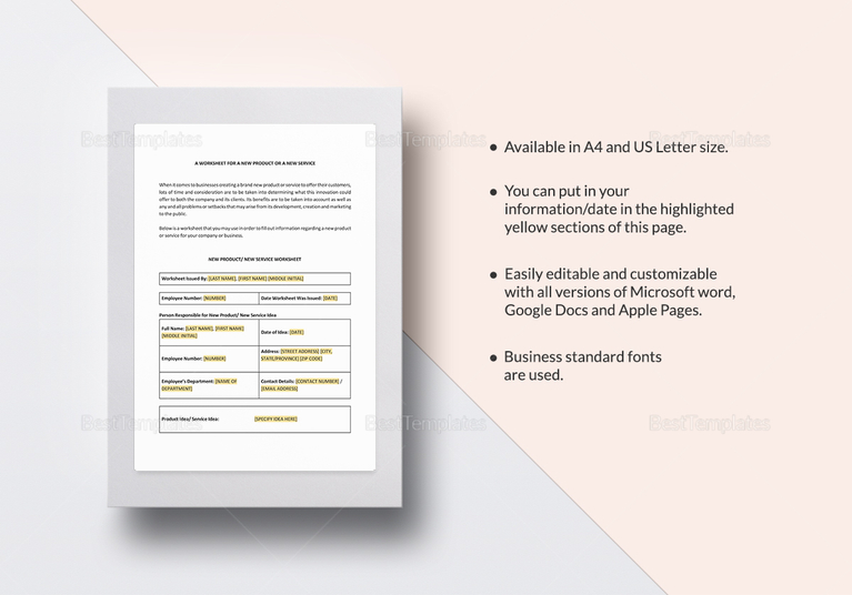 Worksheet New Product or Service Template in Word, Google Docs, Apple Pages