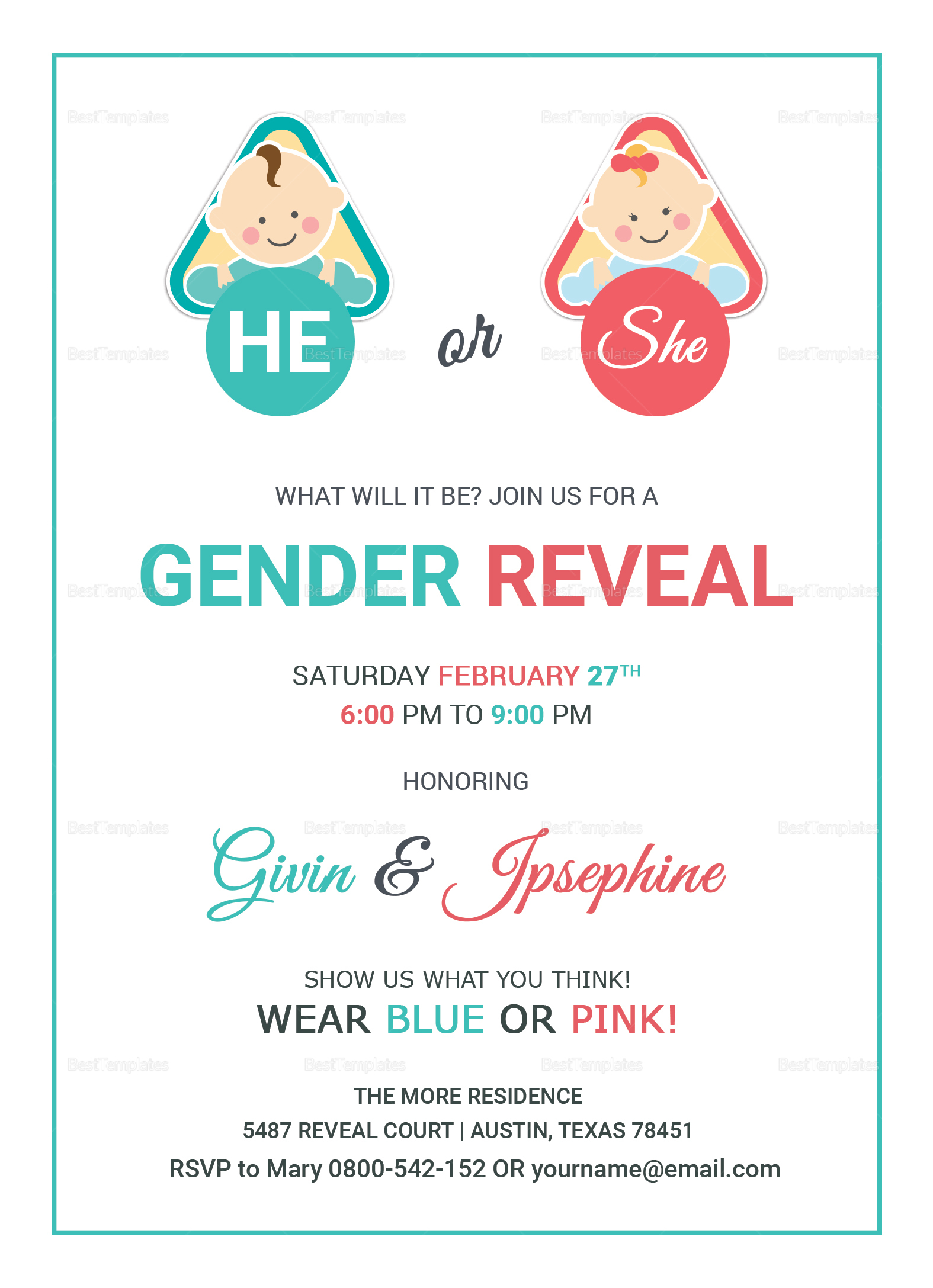 Baby Gender Reveal Invitation Card Design Template In Word PSD Publisher