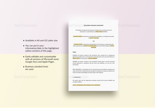 Employment Agreement Amendment Template in Word, Apple Pages