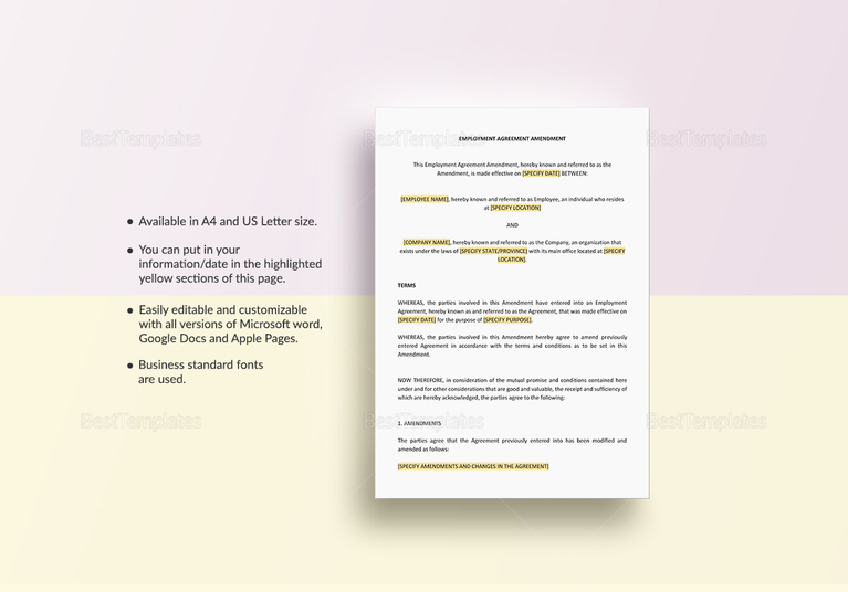 Employment Agreement Amendment Template in Word, Apple Pages