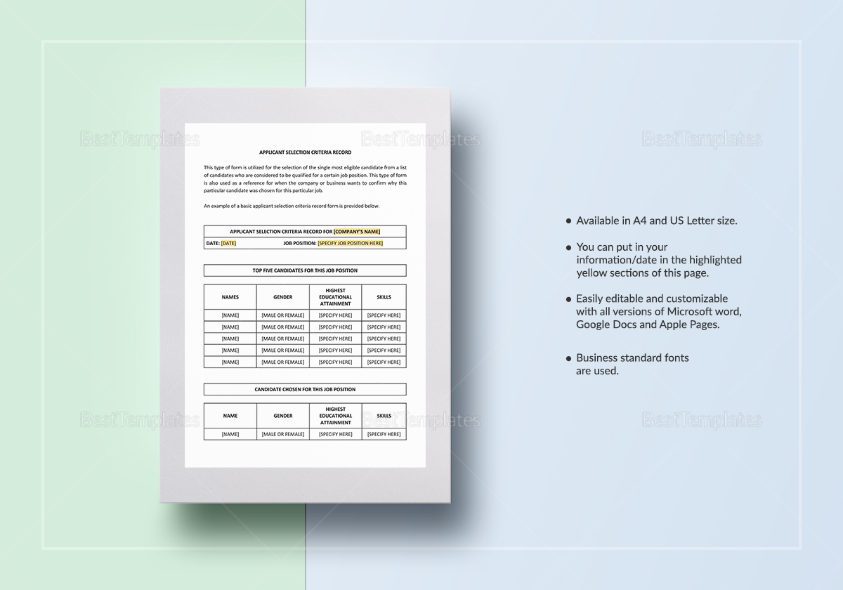 Applicant Selection Criteria Record Template in Word, Google Docs ...
