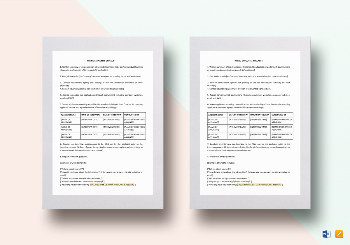 Checklist Hiring Employees Template in Word, Google Docs, Apple Page