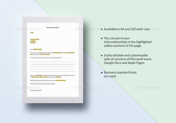 Notice of Job Opening Template in Word, Google Docs, Apple Pages