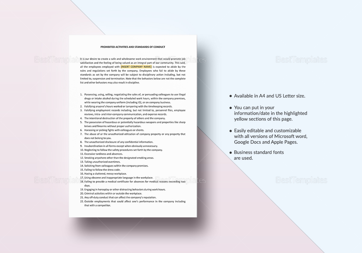 Prohibited Activities Template in Word, Google Docs, Apple Pages