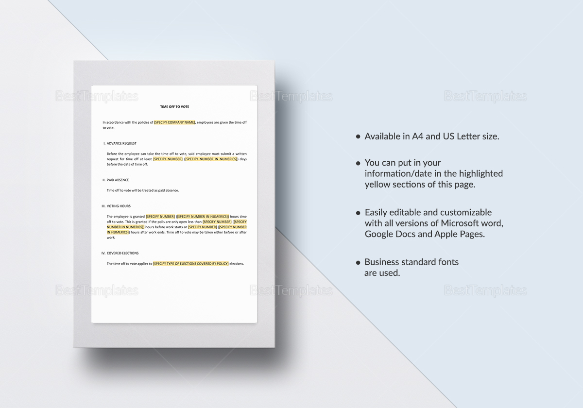 Time Off to Vote Policy Template in Word, Google Docs, Apple Pages