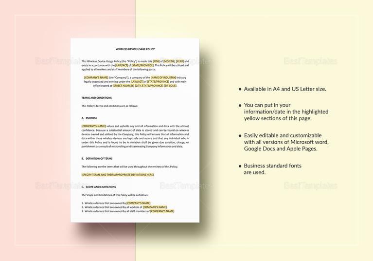Wireless Device Usage Policy Template in Word, Google Docs, Apple Pages