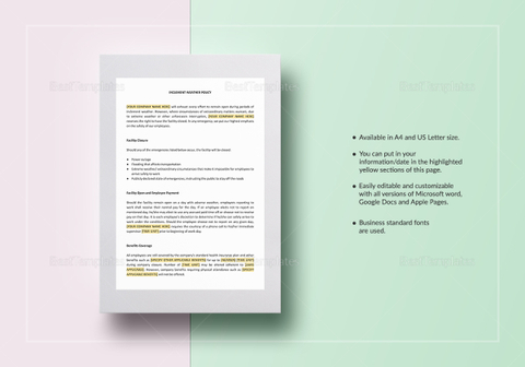 Inclement Weather Policy Template in Word, Google Docs, Apple Pages