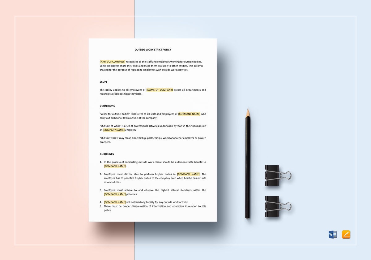 Outside Work - Strict Policy Template in Word, Google Docs, Apple Pages