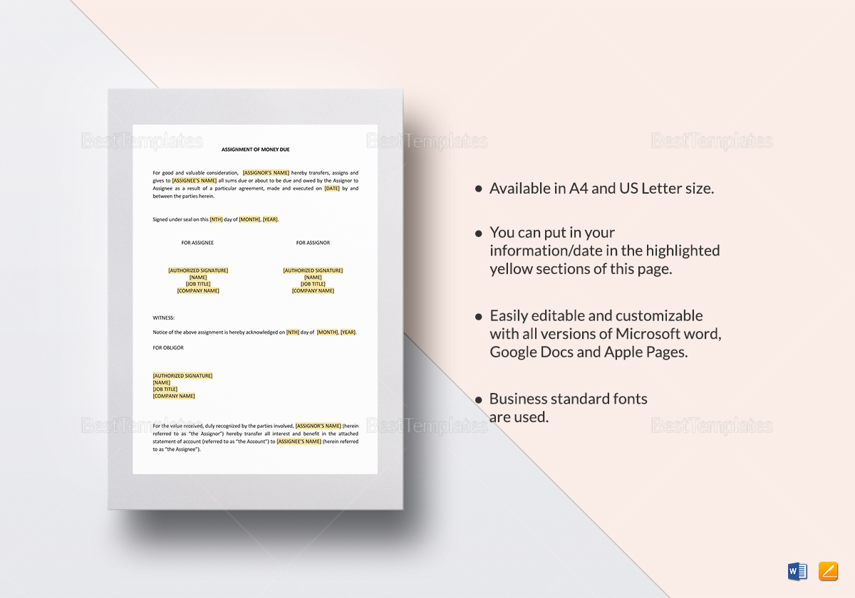 Assignment of Money Due Template in Word, Google Docs, Apple Pages