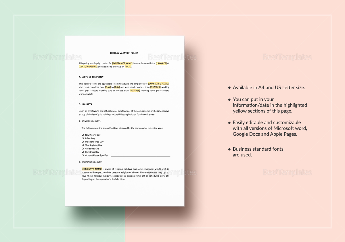 Holiday Vacation Policy Template in Word, Google Docs, Apple Pages