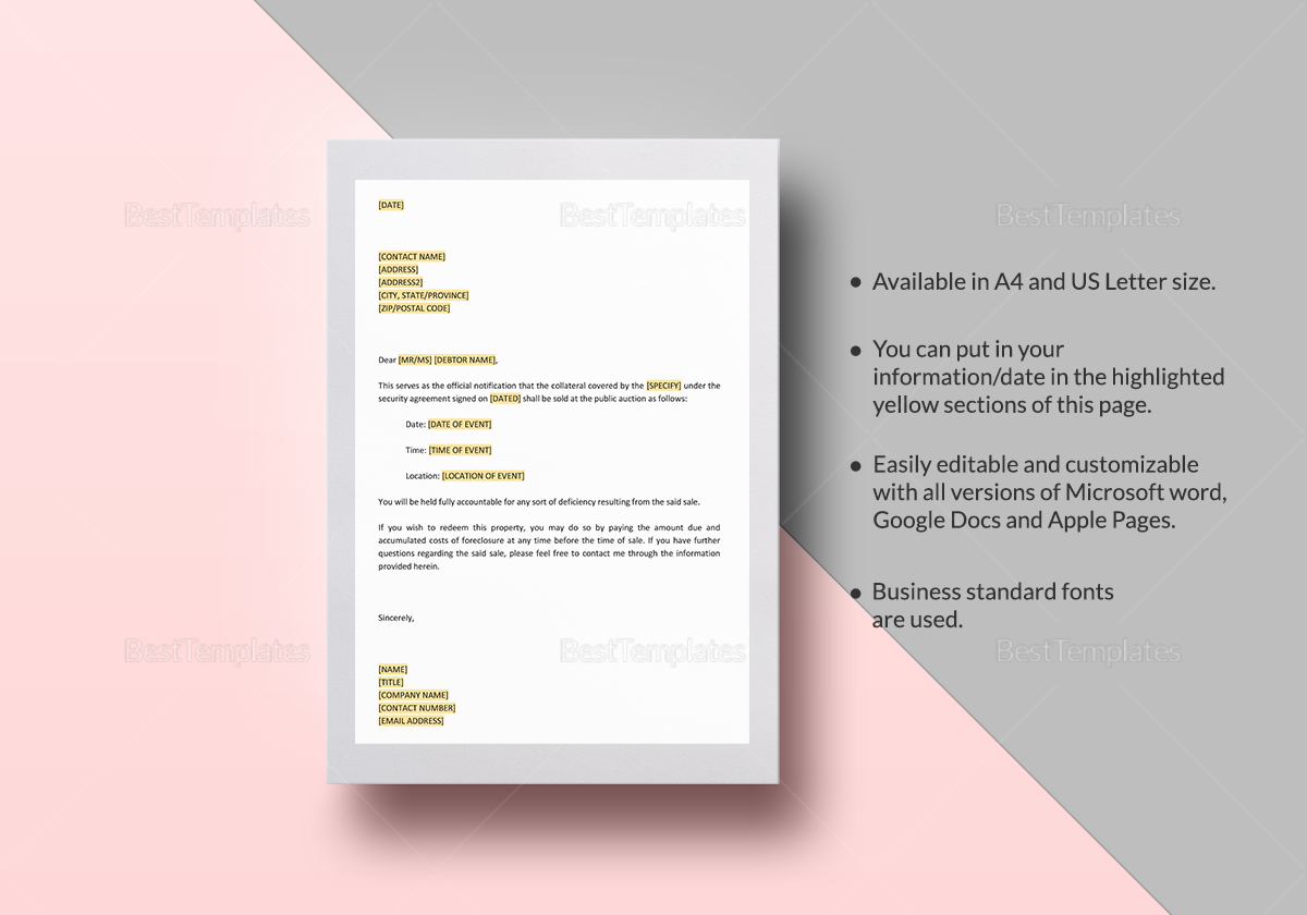 Notice of Public Sale of Collateral Template in Word, Google Docs ...
