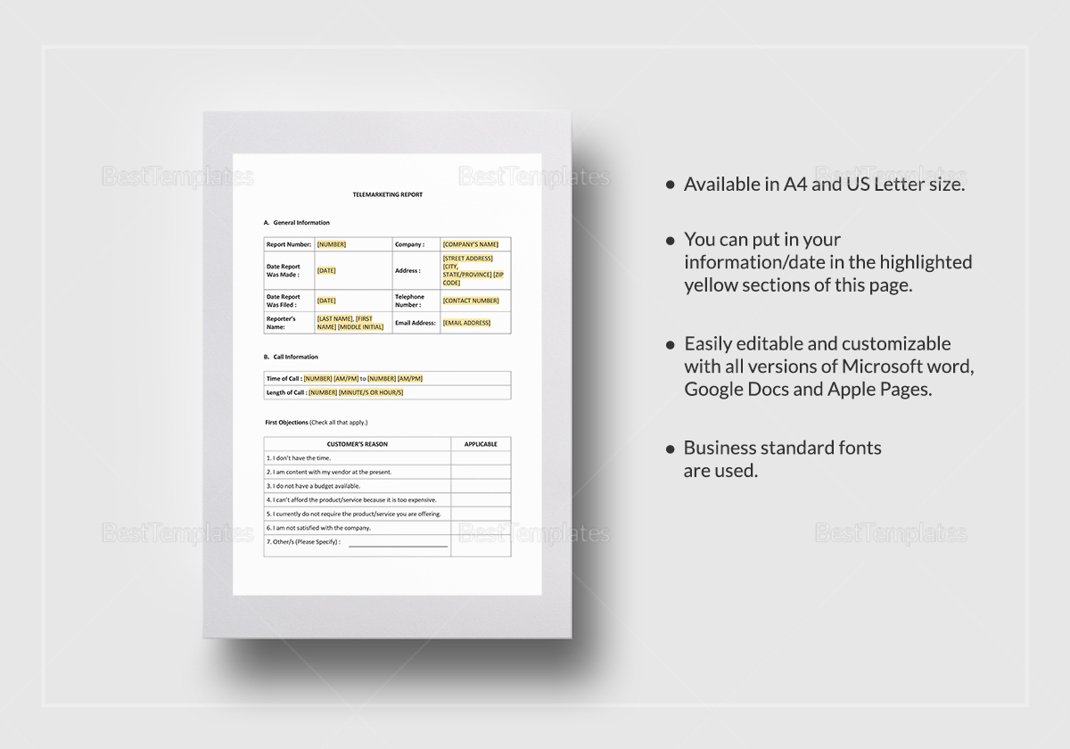 Telemarketing Report Template in Word, Google Docs, Apple Pages