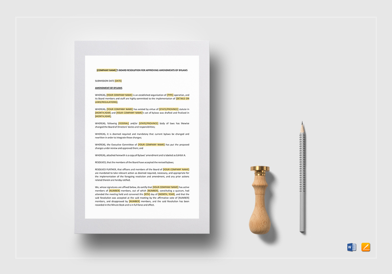 Board Resolution Approving Amendments of Bylaws Template in Word ...
