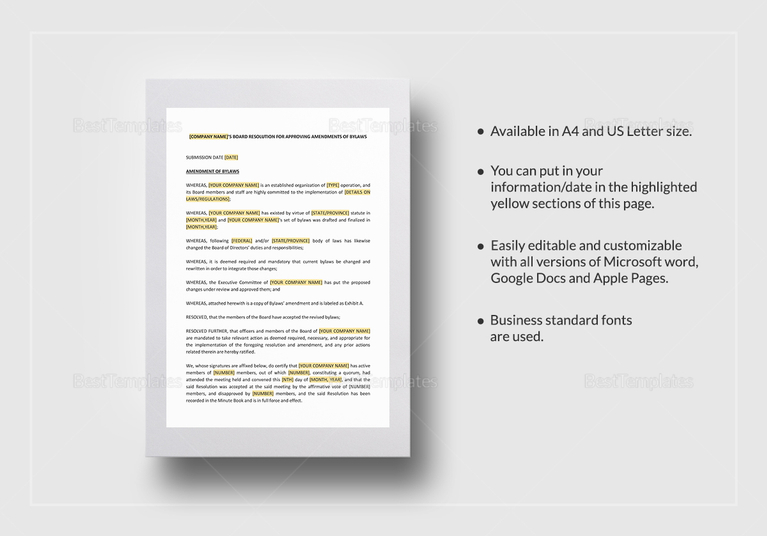 Board Resolution Approving Amendments of Bylaws Template in Word ...