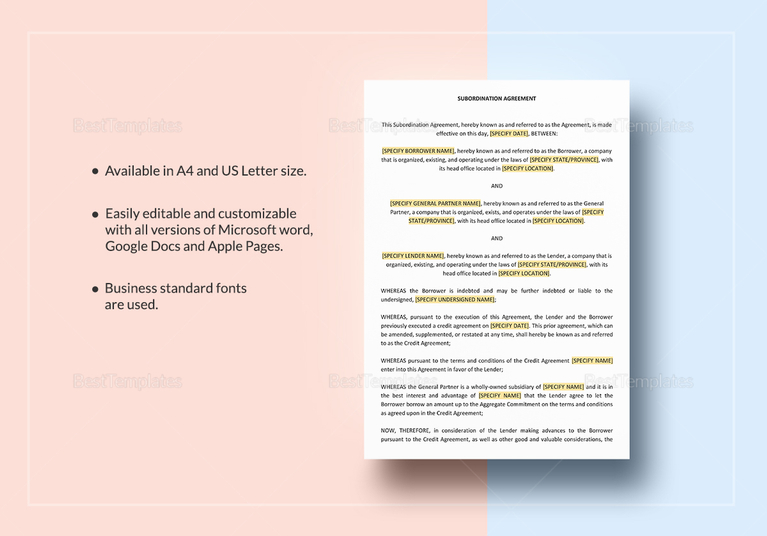 Subordination Agreement Template in Word, Google Docs, Apple Pages