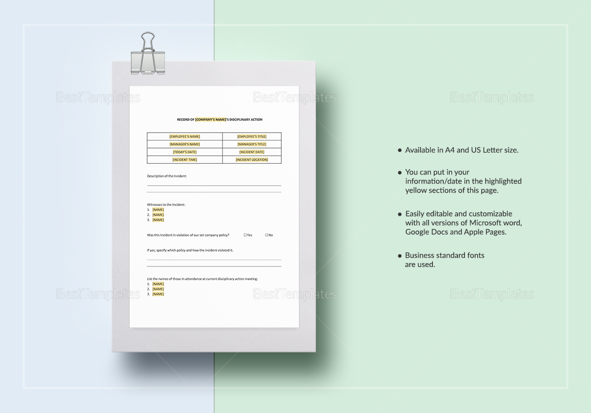 Record of Disciplinary Action and Proposed Changes Template in Word ...