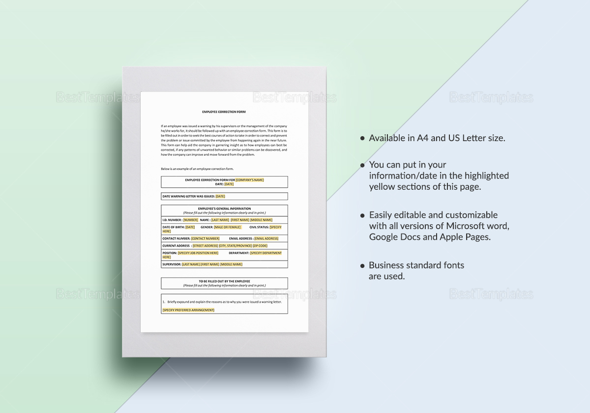 Employee Correction Form Template in Word, Google Docs, Apple Pages