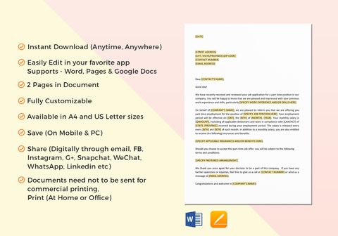 Part Time Employment Offer Letter Template in Word, Google Docs, Apple ...
