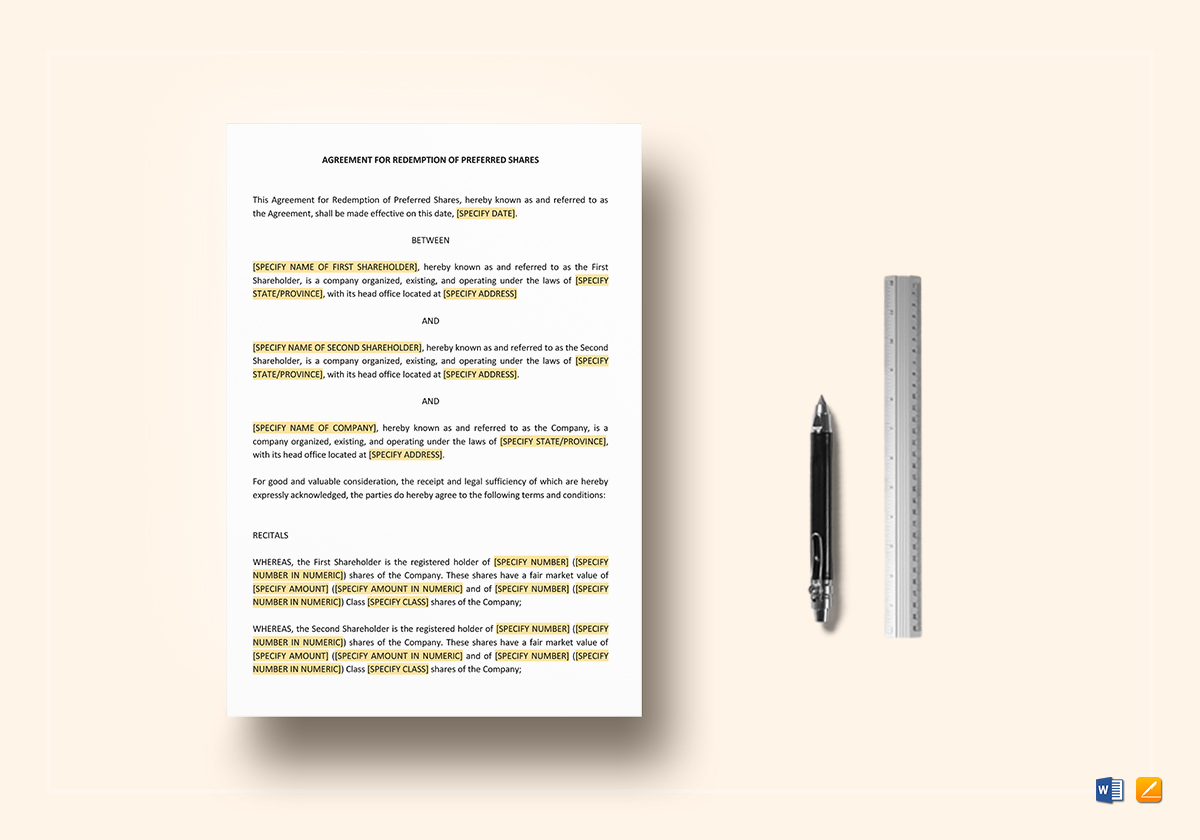 Agreement for Redemption of Preferred Shares Template in Word, Google ...