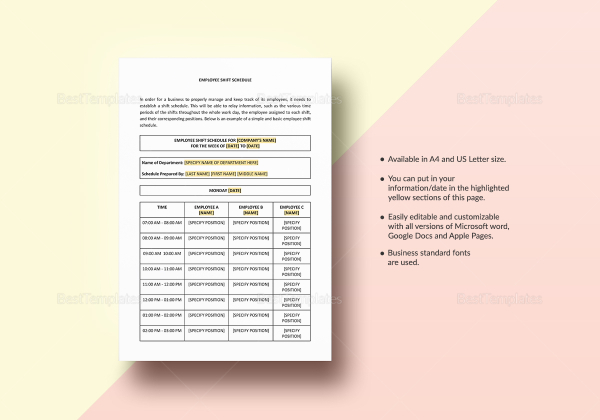 Employee Shift Schedule Template in Word, Google Docs, Apple Pages