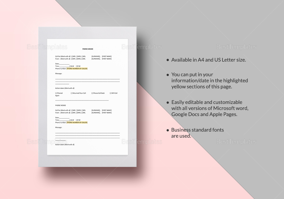 Phone Memo Template in Word, Google Docs, Apple Pages
