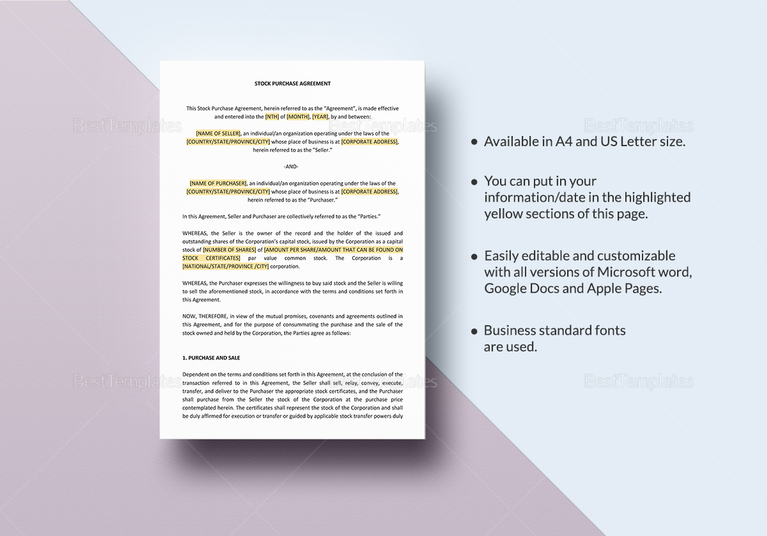 Stock Purchase Agreement Template in Word, Google Docs, Apple Pages