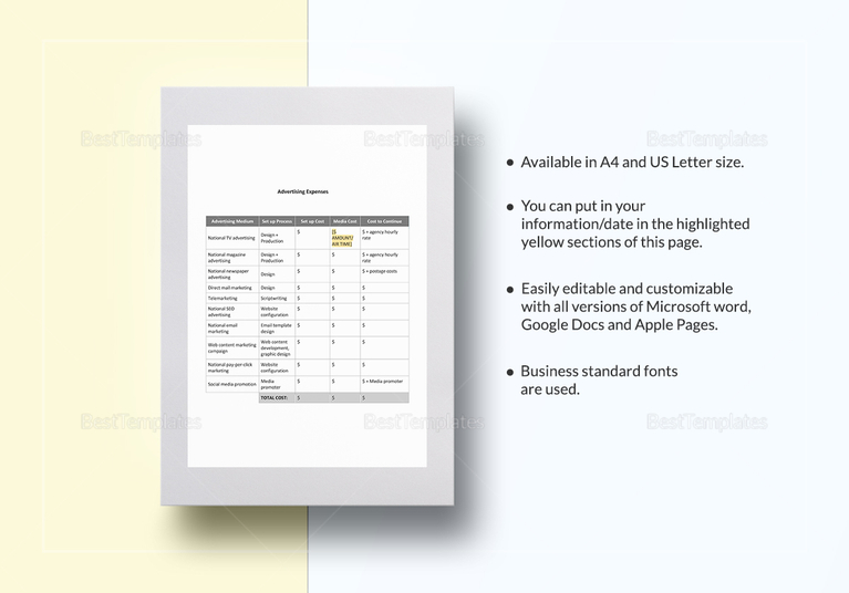 Advertising Expenses Template in Word, Google Docs, Apple Pages