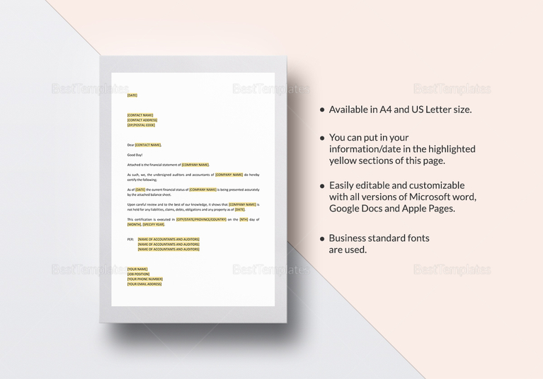 Certification Enclosing Financial Statements Template in Word, Google ...