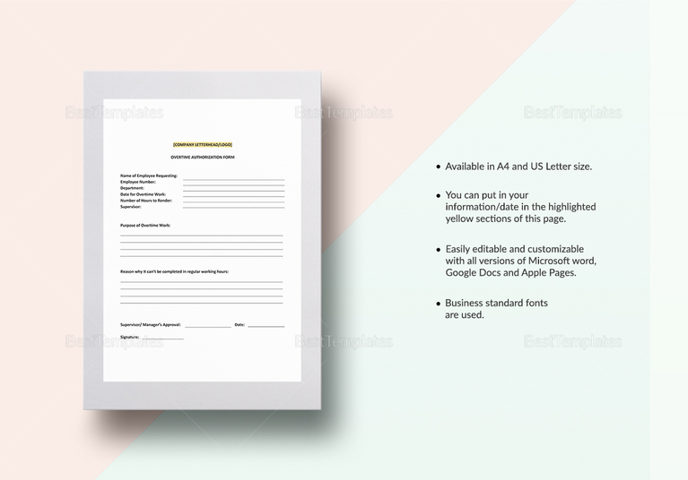 Overtime Authorization Template in Word, Google Docs, Apple Pages