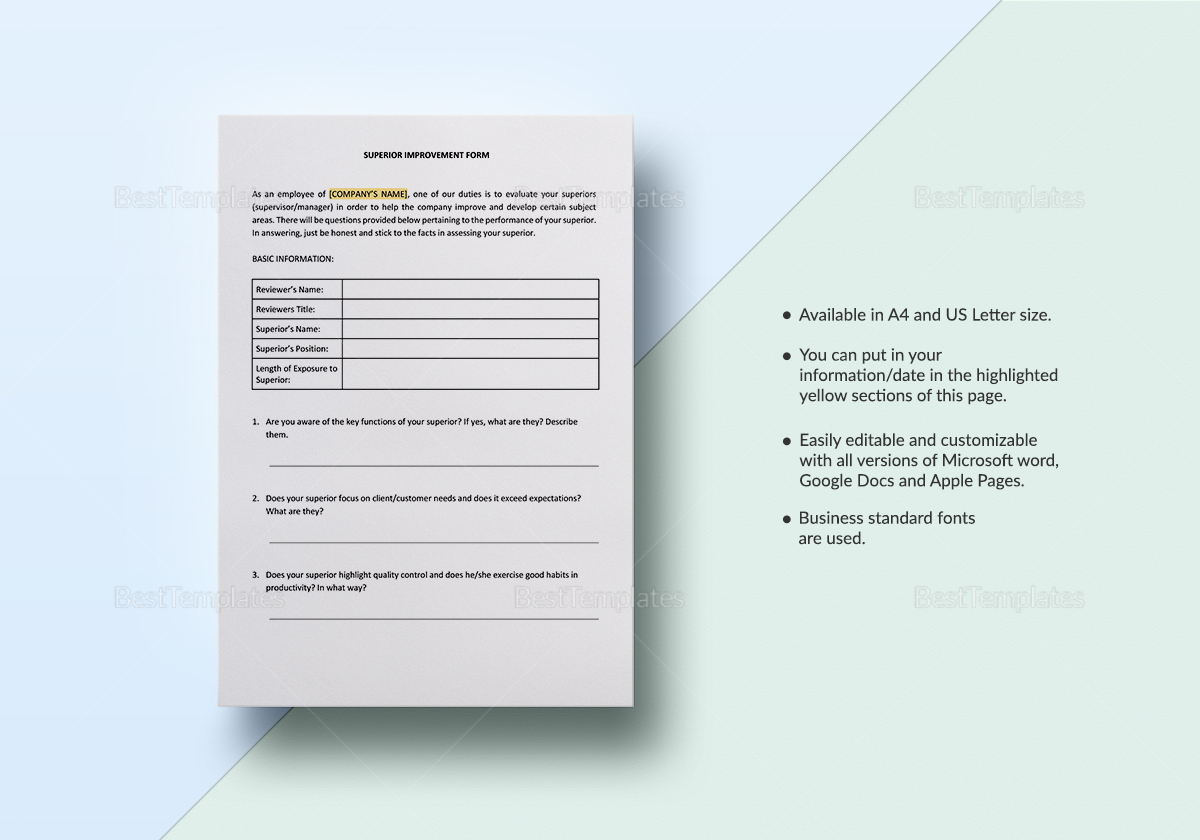 Superior Improvement Form Template in Word, Google Docs, Apple Pages