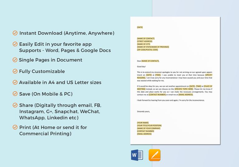 Apology for Missing Appointment Template in Word, Google Docs, Apple Pages