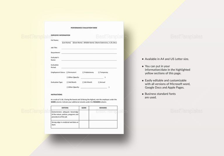 Performance Evaluation Template in Word, Google Docs, Apple Pages