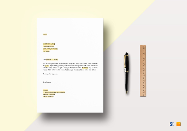 Confirmation of Verbal Order Template in Word, Google Docs, Apple Pages