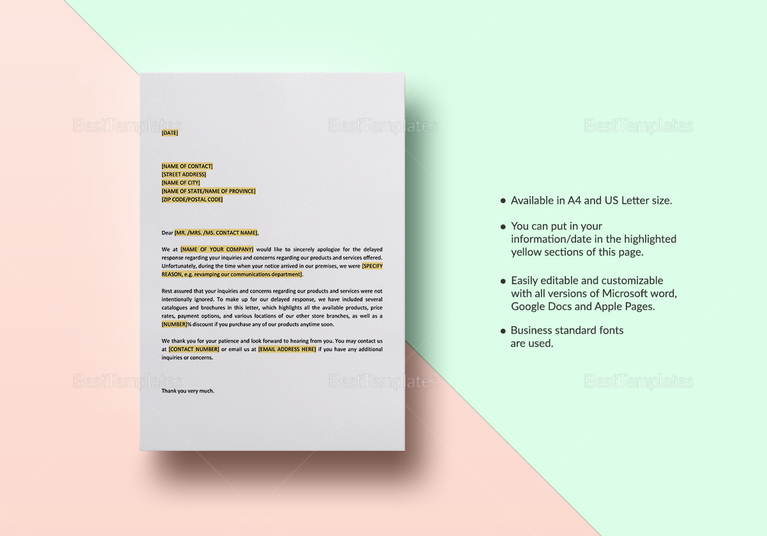 Apology for Delayed Response Template in Word, Google Docs, Apple Pages