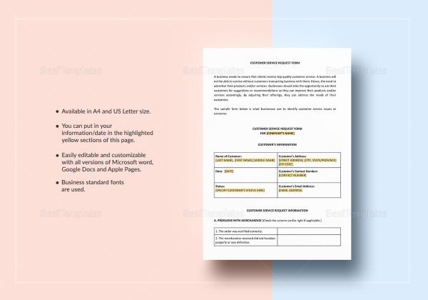 Customer Service Request Form Template in Word, Google Docs, Apple Pages