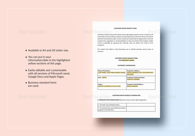 Customer Service Request Form Template in Word, Google Docs, Apple Pages