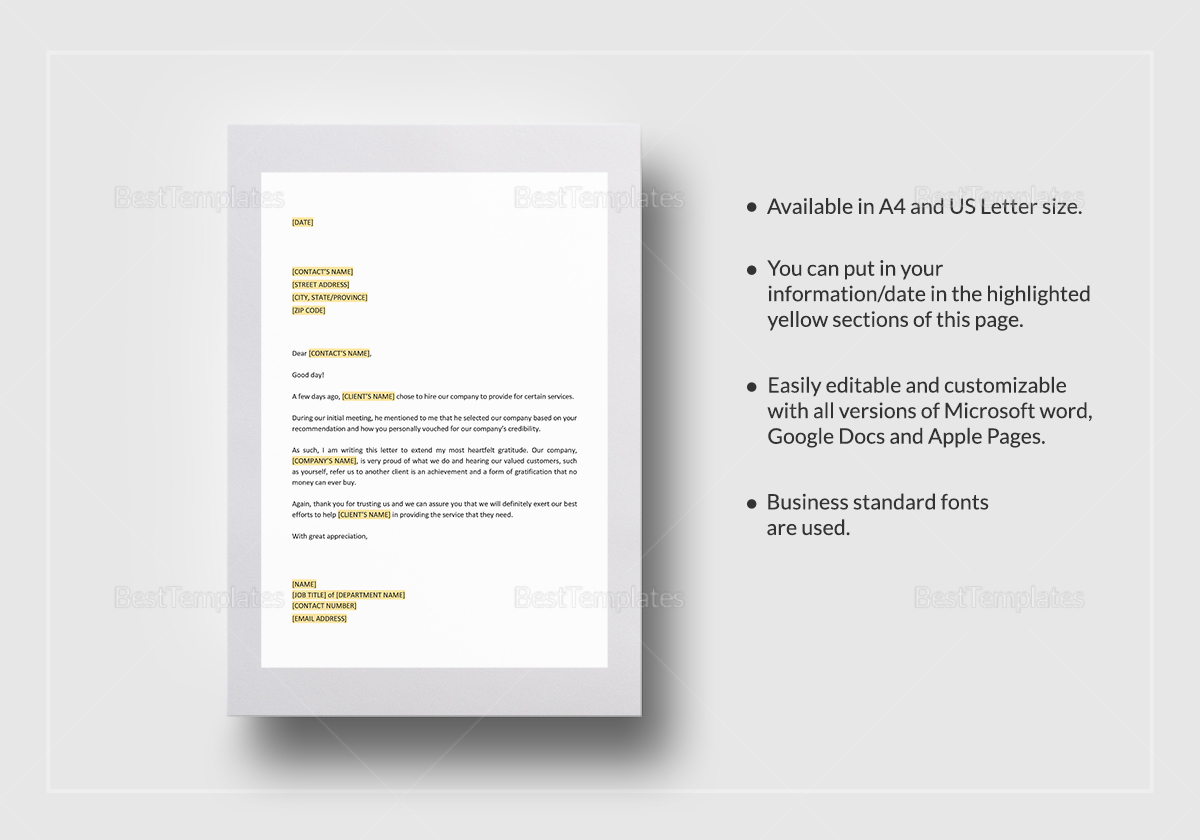 Thank You for Customer Referral Template in Word, Google Docs, Apple Pages