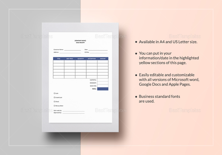 Blank Sales Receipt Template in Word, Excel, Google Docs, Apple Pages ...