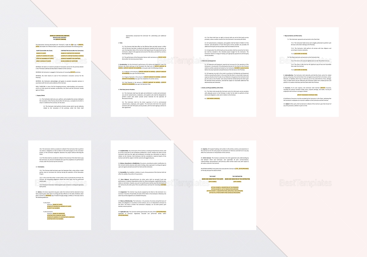 Renovation Contract Template in Word, Google Docs, Apple Pages