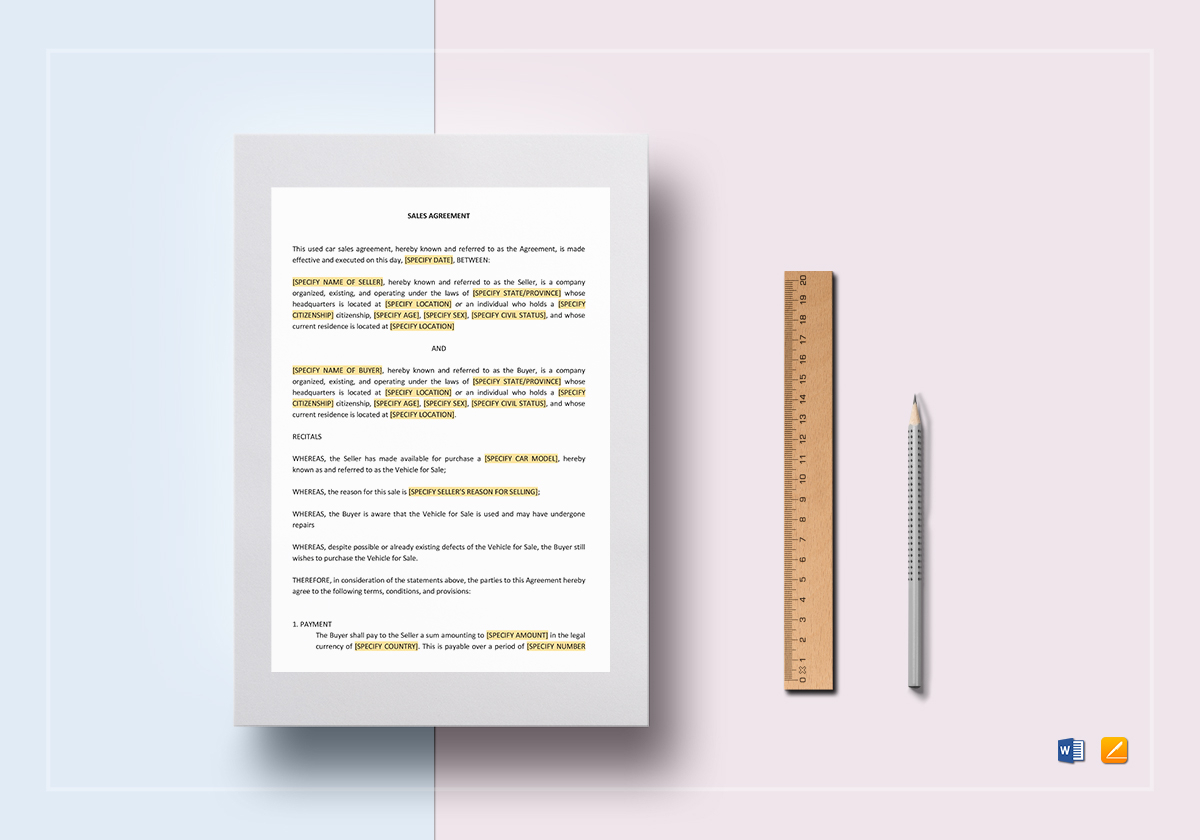 Used Car Sales Contract Template In Word Google Docs Apple Pages