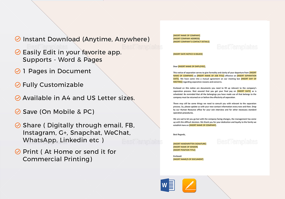 Separation Notice Template in Word, Google Docs, Apple Pages