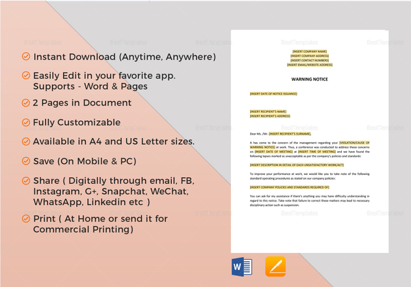 Warning Notice Template in Word, Google Docs, Apple Pages