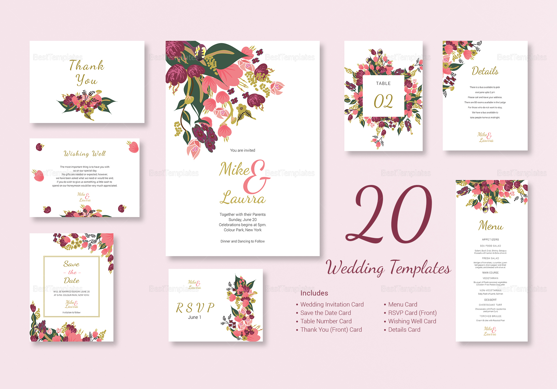 Burgundy Floral Wedding Design Templates in Word, PSD, InDesign ...